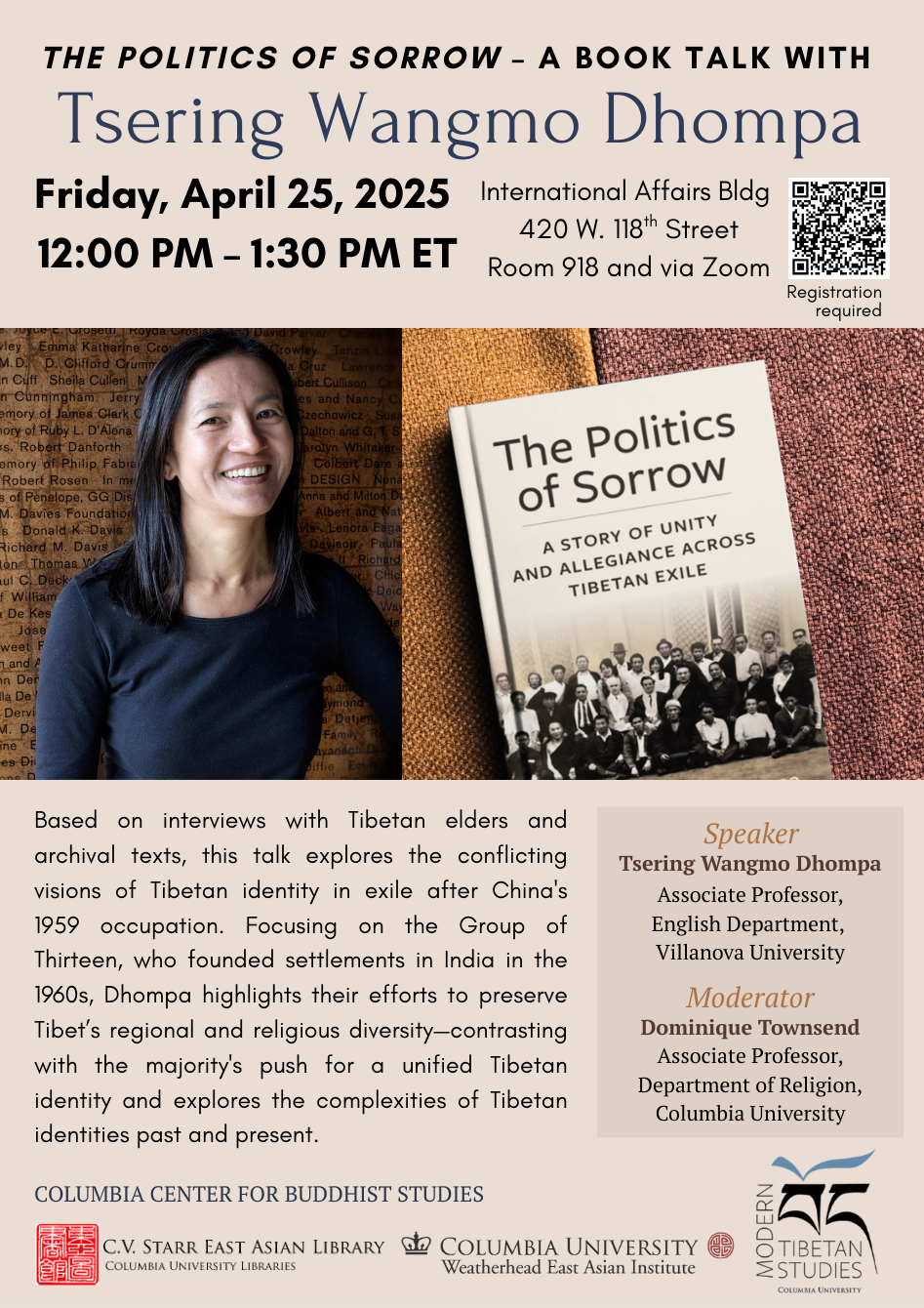 The Politics of Sorrow: A Book Talk with Tsering Wangmo Dhompa | Modern Tibetan Studies Program